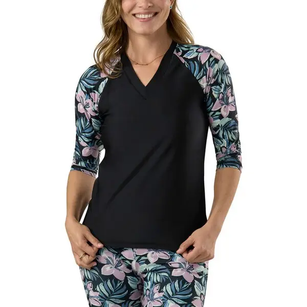 UV SKINZ V-neck Sun & Swim Shirt - Black Bloom