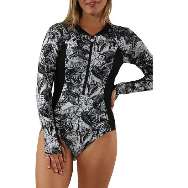 UV SKINZ Long Sleeve Half Zip Swimsuit - Woodblock Tropics