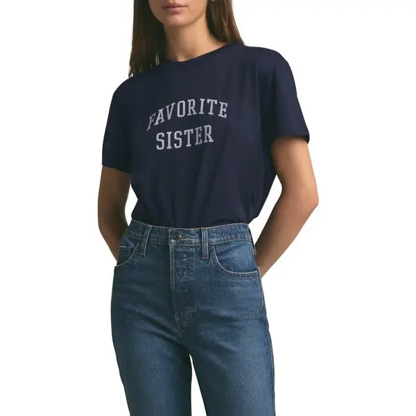 FAVORITE DAUGHTER Favorite Sister Crop Graphic T-shirt - Navy