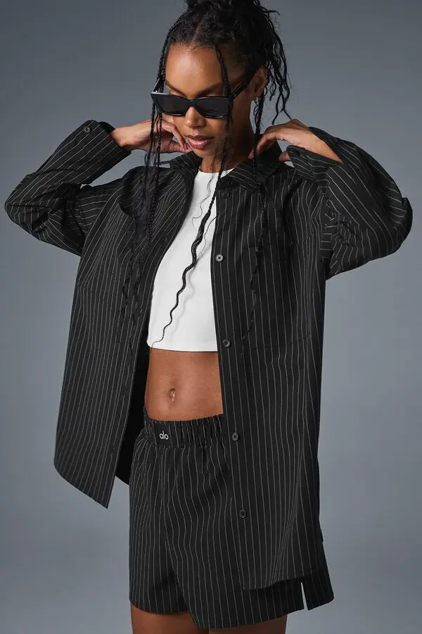 Alo Yoga Pinstripe Daylight Button Down Top - Black/titanium