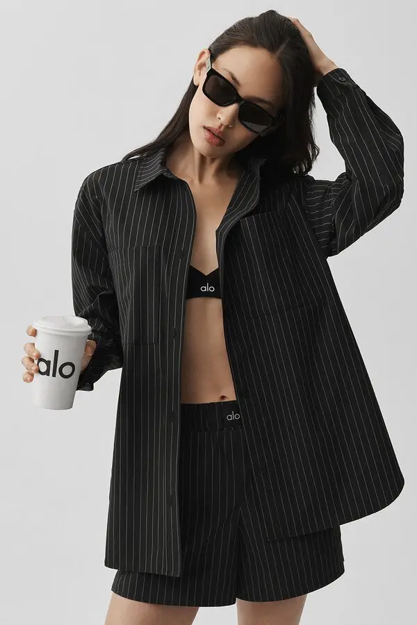 Alo Yoga Pinstripe Daylight Long Sleeve Top - Black/titanium
