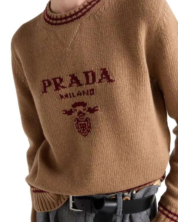 Prada Wool And Cashmere Crew-neck Sweater With Intarsia Logo - Brown