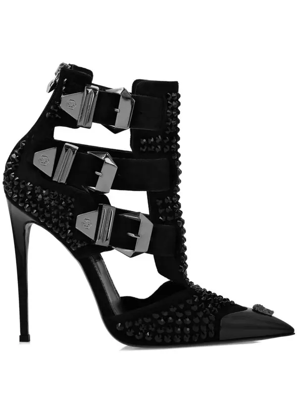 Philipp Plein Suede Skull Embellished Stiletto Sandals - Black