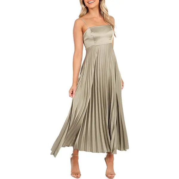 PETAL & PUP Keegan Pleated Satin Dress - Olive