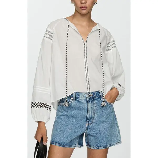 Mango Embroidered Cotton Peasant Top - White