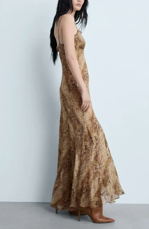 Mango Bella Print Ruffle Trim Maxi Dress In Brown - 45% Off | Editorialist