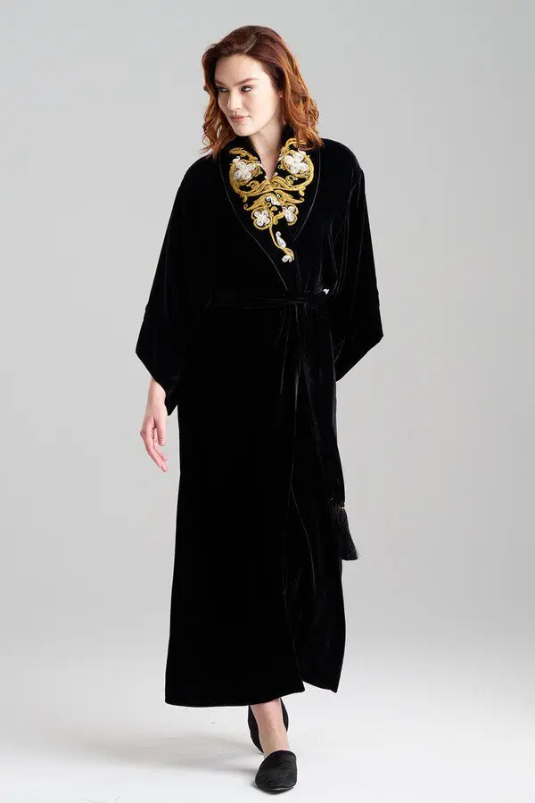 Natori Velvet Embroidered Shawl Collar Robe - Black