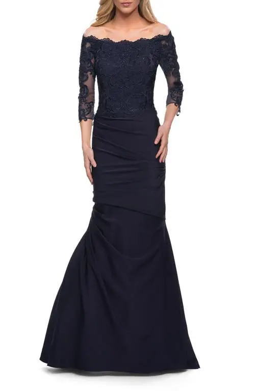 La Femme Satin Mermaid Gown With Lace Bodice - Navy