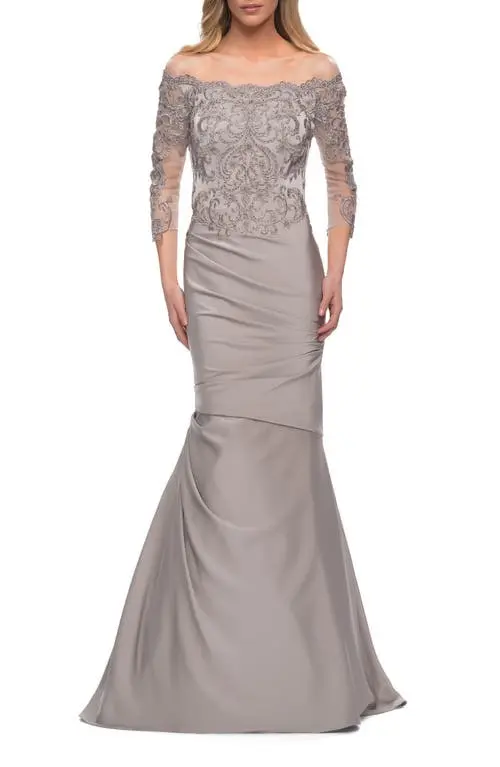 La Femme Satin Mermaid Gown With Lace Bodice - Silver