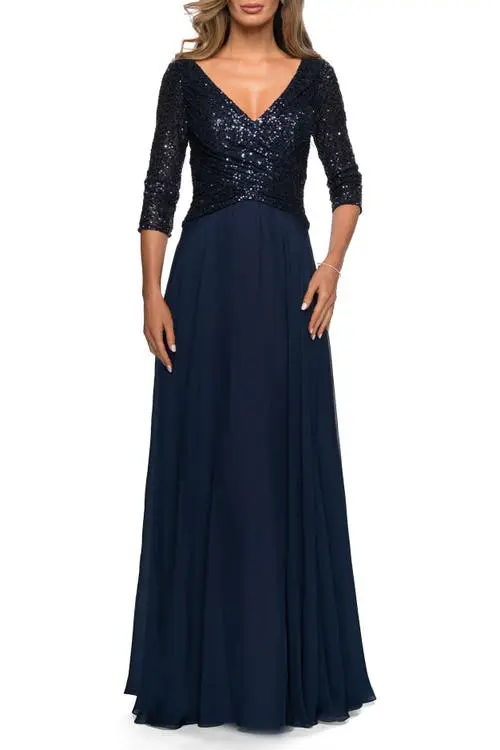 La Femme Long Chiffon Evening Gown With Sequined Bodice
