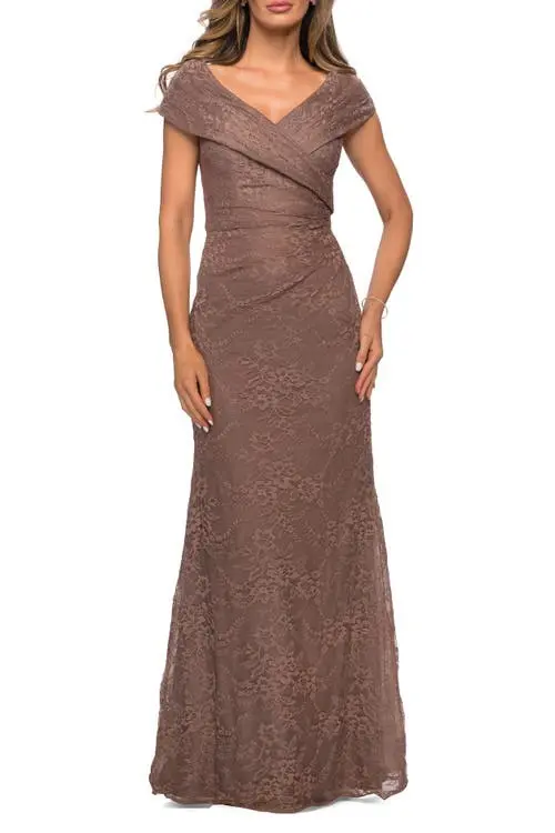 La Femme Lace Off The Shoulder Evening Gown - Cocoa