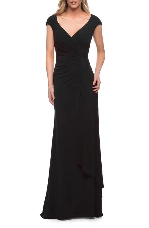 La Femme Jersey Dress With Knot At Waist And Short Sleeves - Black