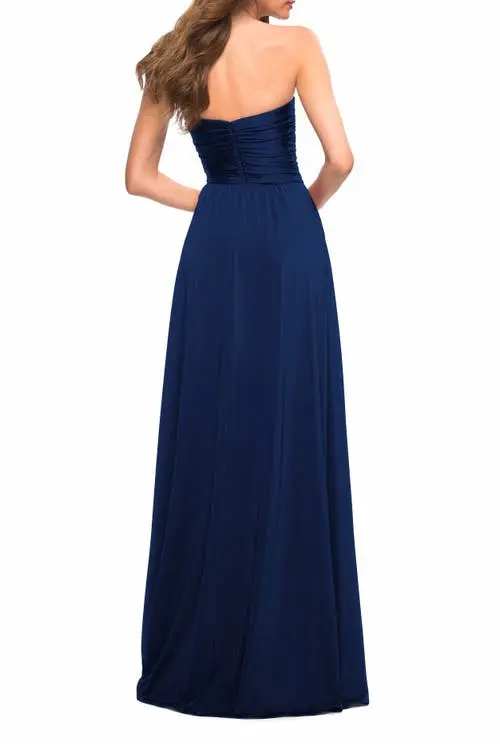 LABOMME Strapless Jersey Gown With Slit - Navy