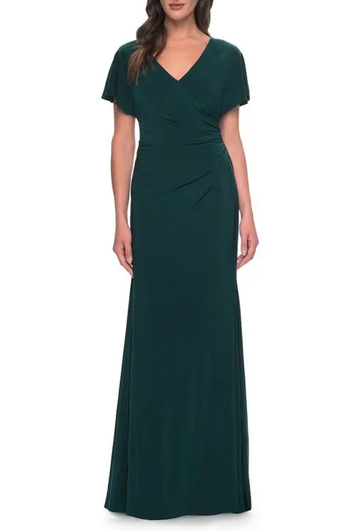 La Femme Jersey Gown With V-neck And Loose Sleeves - Hunter Green
