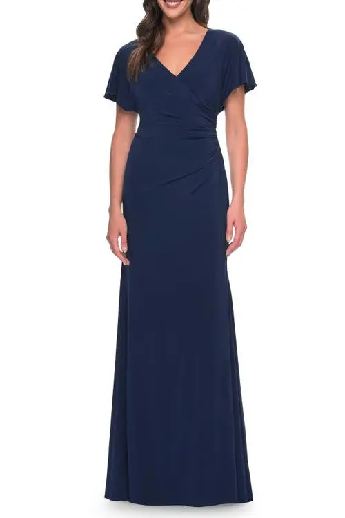 La Femme Jersey Gown With V-neck And Loose Sleeves - Navy