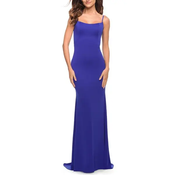 La Femme Jersey Gown With Scoop Neck - Royal Blue