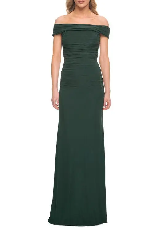 La Femme Ruched Off-the-shoulder Evening Gown - Emerald