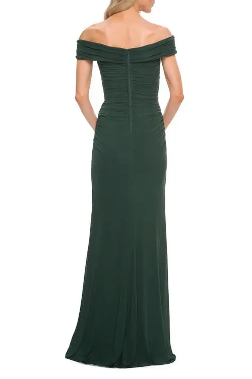 La Femme Ruched Off-the-shoulder Evening Gown - Emerald