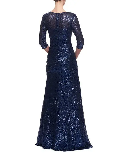 La Femme Floor Length Sequin Gown - Navy