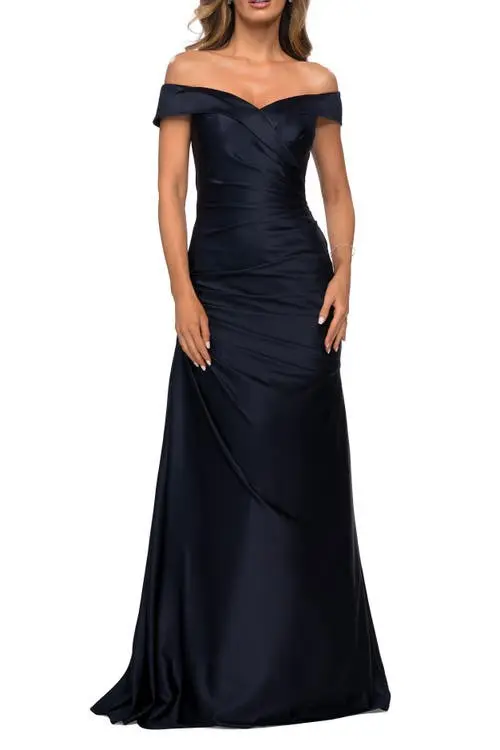 La Femme Off-the-shoulder Satin Evening Gown - Navy