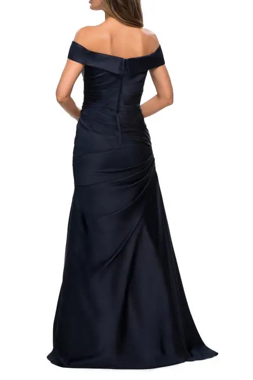 La Femme Off-the-shoulder Satin Evening Gown - Navy