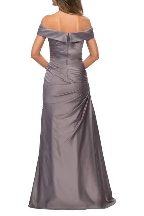 La Femme Off-the-shoulder Satin Evening Gown - Platinum