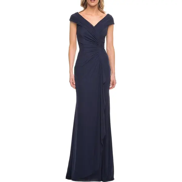 La Femme Net Jersey Long Gown - Navy