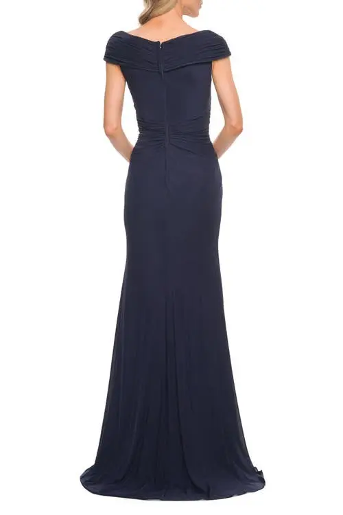 La Femme Net Jersey Long Gown - Navy