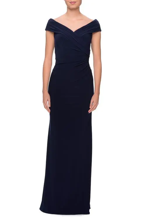 La Femme Off The Shoulder Jersey Dress - Navy