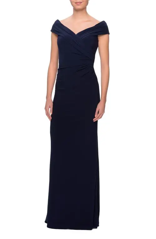 La Femme Off The Shoulder Jersey Dress - Navy