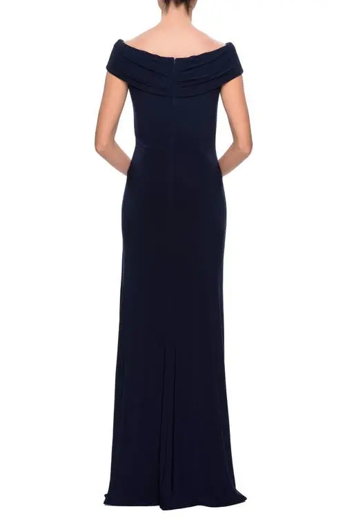 La Femme Off The Shoulder Jersey Dress - Navy
