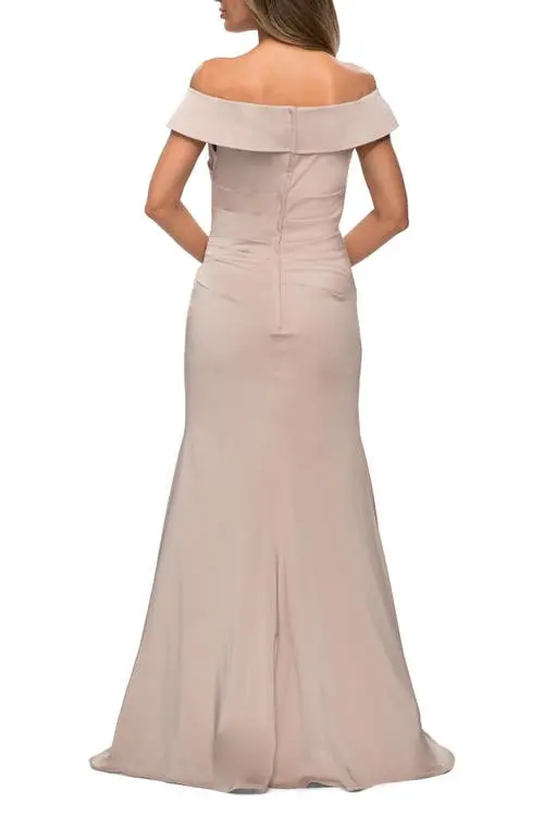 La Femme Off-the-shoulder Satin Evening Gown - Champagne
