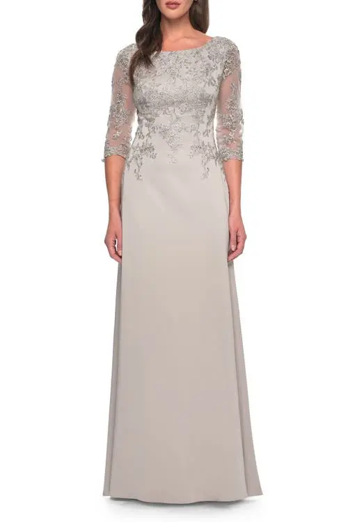 La Femme Jersey Gown With Lace Bodice - Silver