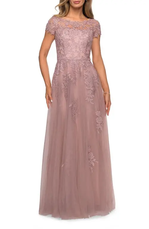 La Femme Beaded Lace Rhinestone A-line Gown - Mauve