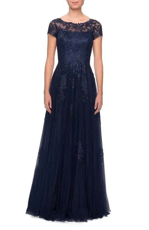 La Femme Beaded Lace Rhinestone A-line Gown - Navy