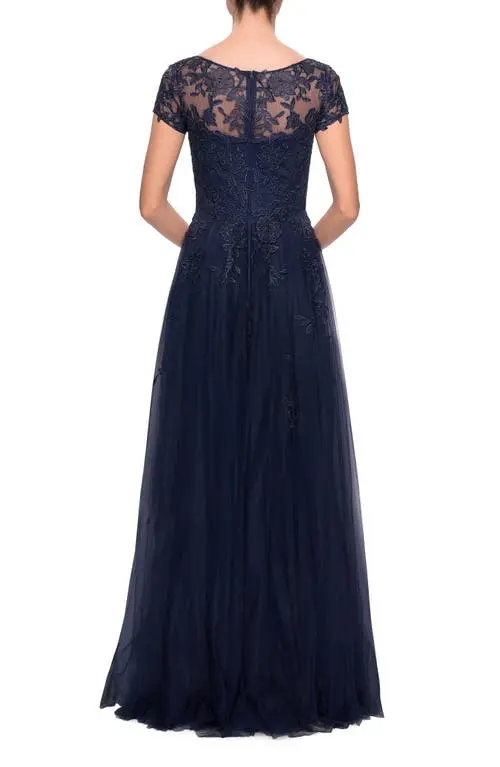 La Femme Beaded Lace Rhinestone A-line Gown - Navy