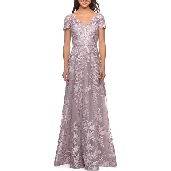 La Femme Long Lace Evening Gown With Cap Sleeves - Antique Blush