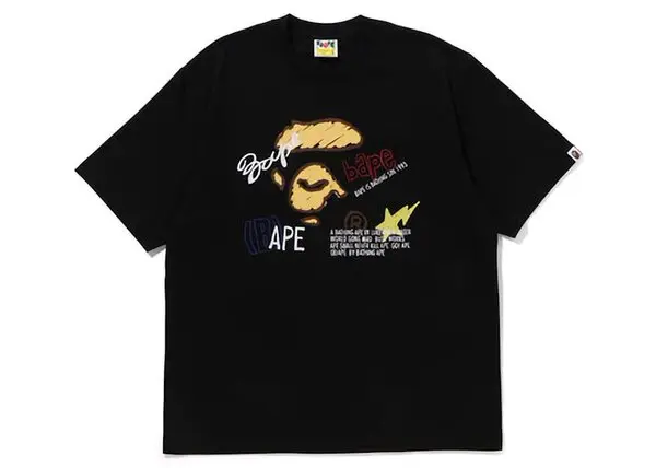 A BATHING APE Hand Draw Graphic Relaxed Fit Tee Shirt - Black