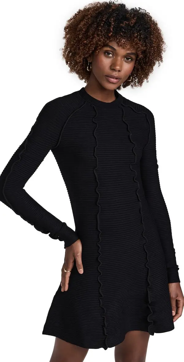 ribbed lettuce edge dress Selianne - Long-Sleeve Off-Shoulder Plain Ribbed Lettuce Edge Mini A-Line  Dress
