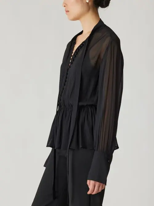 Rebecca Taylor Covered Button Tie Front Blouse - Black