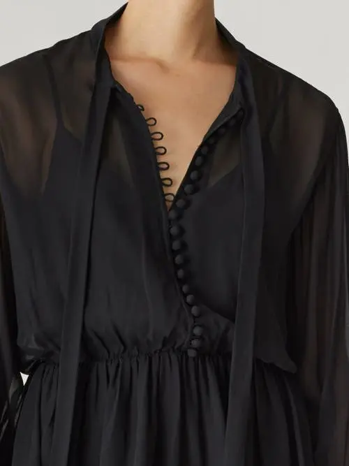 Rebecca Taylor Covered Button Tie Front Blouse - Black