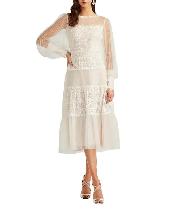 Tadashi Shoji Anaka Pleated Tulle Embroidered Midi Dress - Ivory/petal