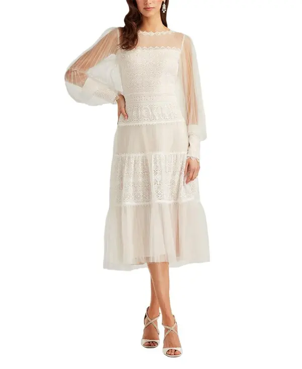 tadashi shoji lace midi dress ivory Anaka Pleated Tulle Embroidered Dress, / Petal / 10 tv / movies