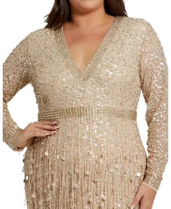 Mac Duggal Plus Embellished Fringe Long Sleeve Gown In Nude Gold |  Editorialist