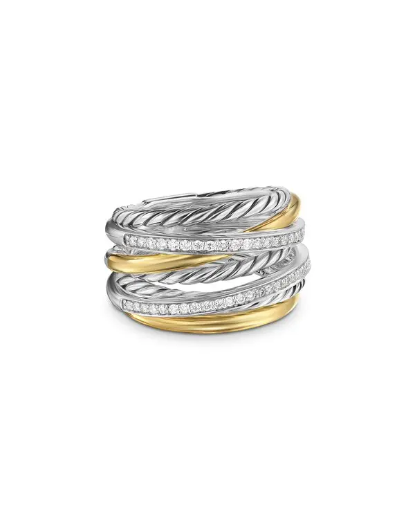 David Yurman Crossover Ring In Sterling Silver, 18k Yellow Gold & Diamonds