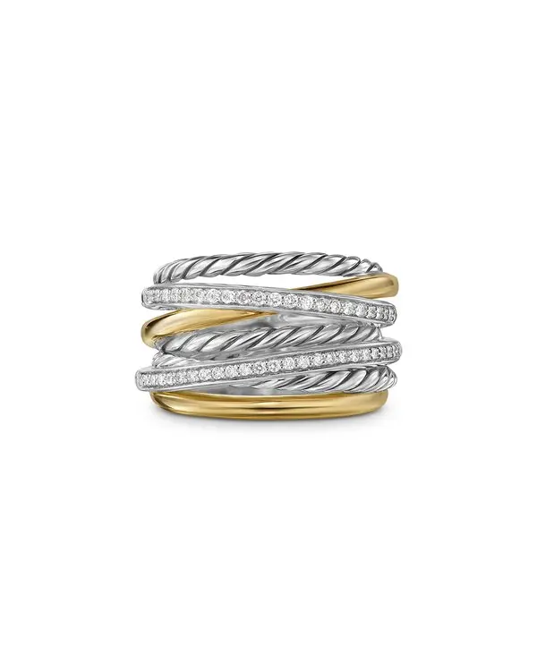 David Yurman Crossover Ring In Sterling Silver, 18k Yellow Gold & Diamonds
