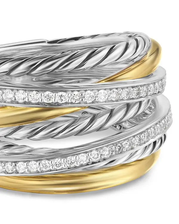 David Yurman Crossover Ring In Sterling Silver, 18k Yellow Gold & Diamonds