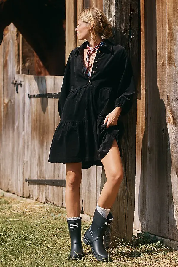 Maeve The Bettina Corduroy Tiered Mini Shirt Dress - Black Onyx
