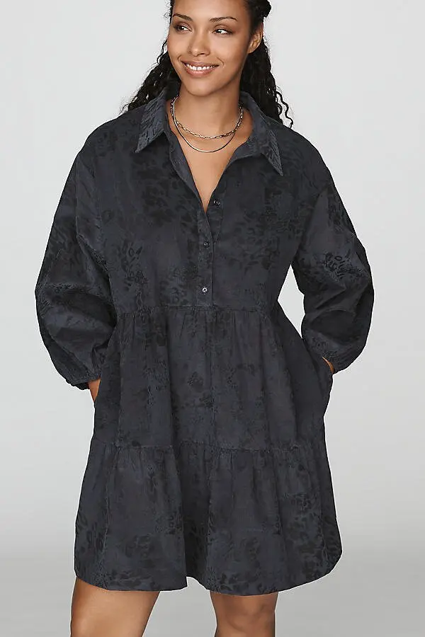 Maeve Corduroy Tiered Mini Shirtdress - Grey Pattern