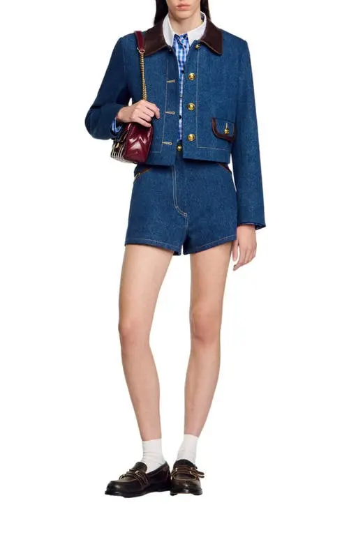 Sandro Denim Jacket With Leather Collar In Blue 40% Off